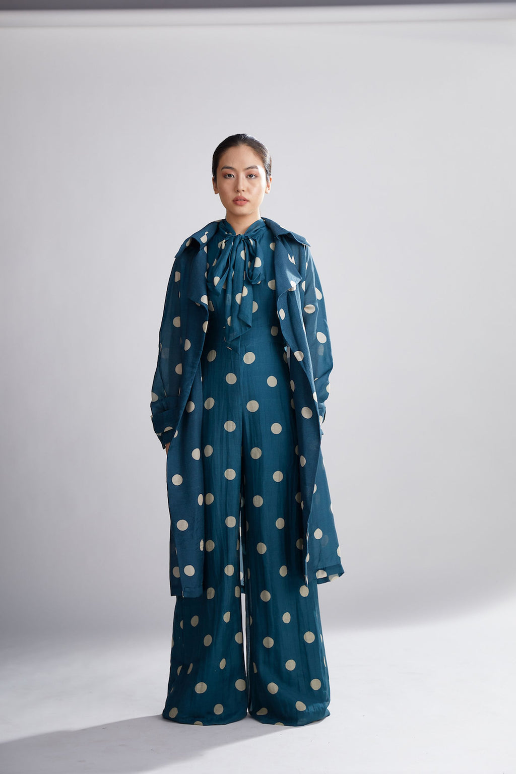TEAL AND CREAM POLKA DOT TRENCH COVER – ShopKoai
